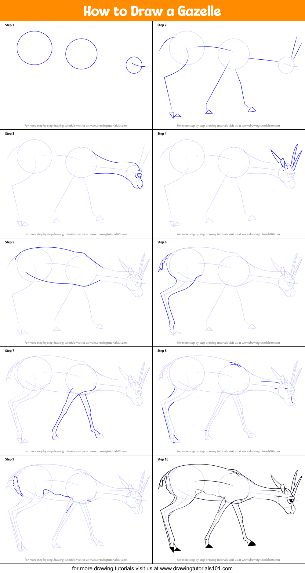 How to Draw a Gazelle (Wild Animals) Step by Step | DrawingTutorials101.com