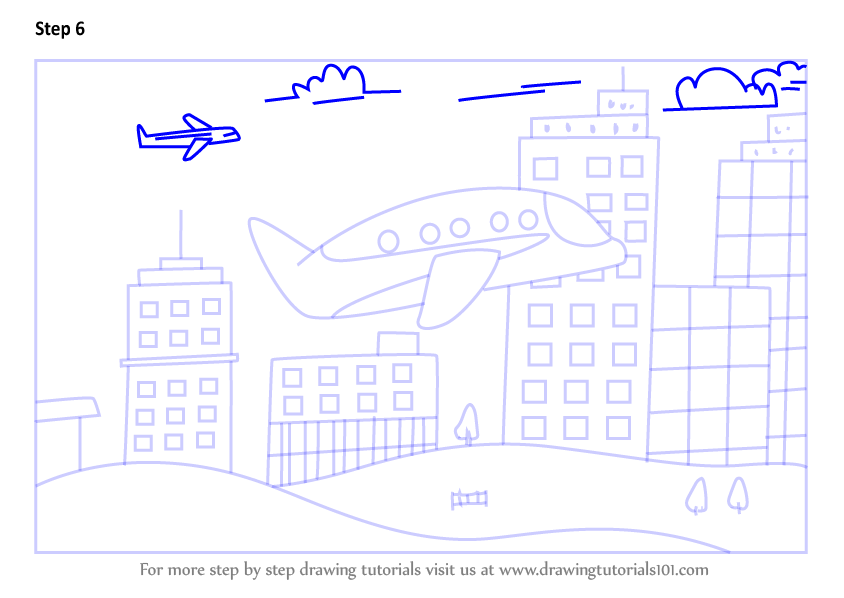 How to Draw a Plane flying in City (Scenes) Step by Step ...