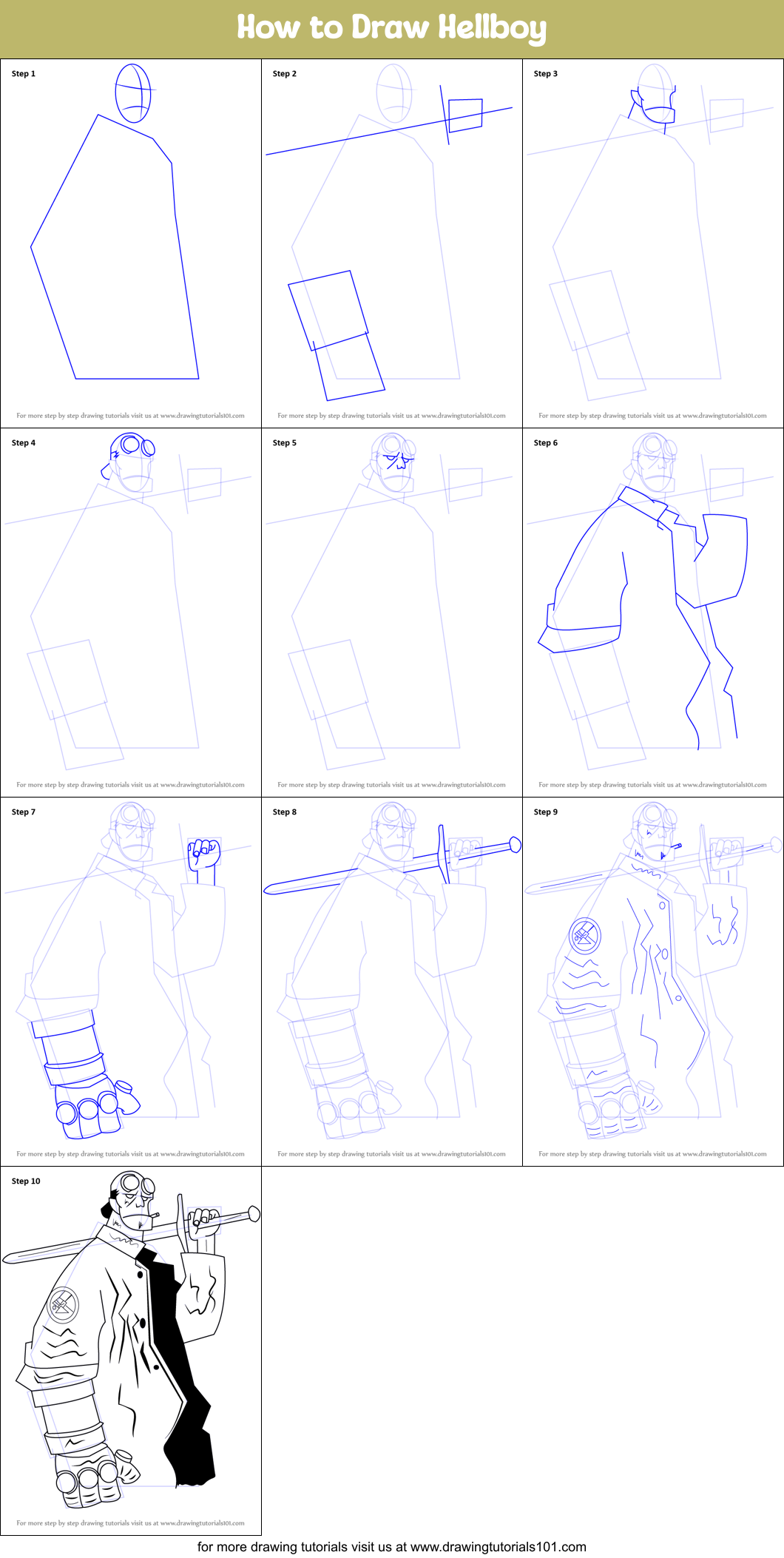 How to Draw Hellboy (Hellboy) Step by Step | DrawingTutorials101.com