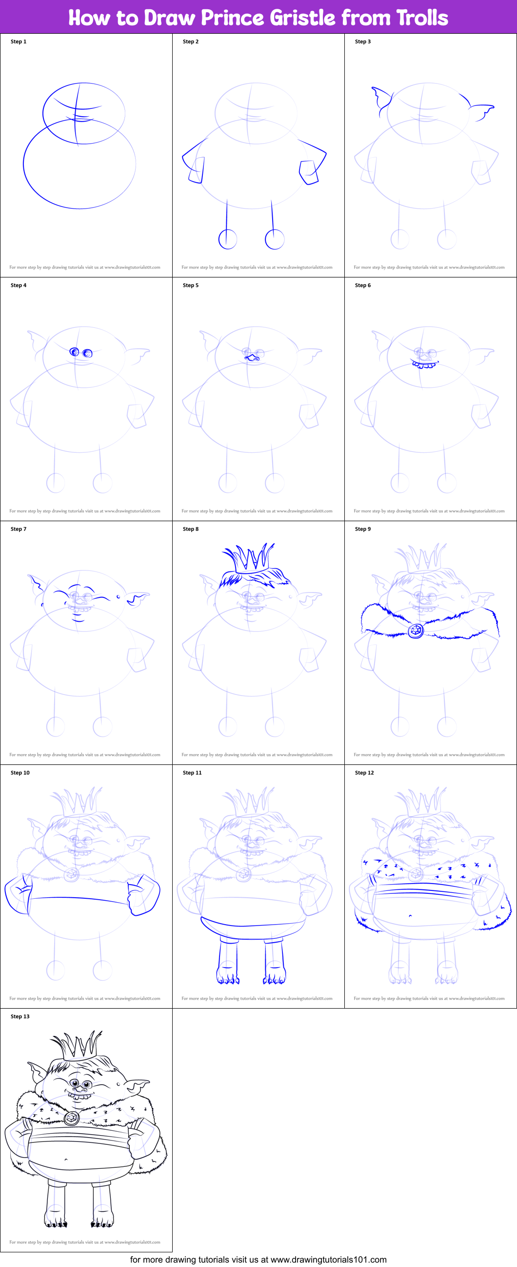 How to Draw Prince Gristle from Trolls (Trolls) Step by Step | DrawingTutorials101.com