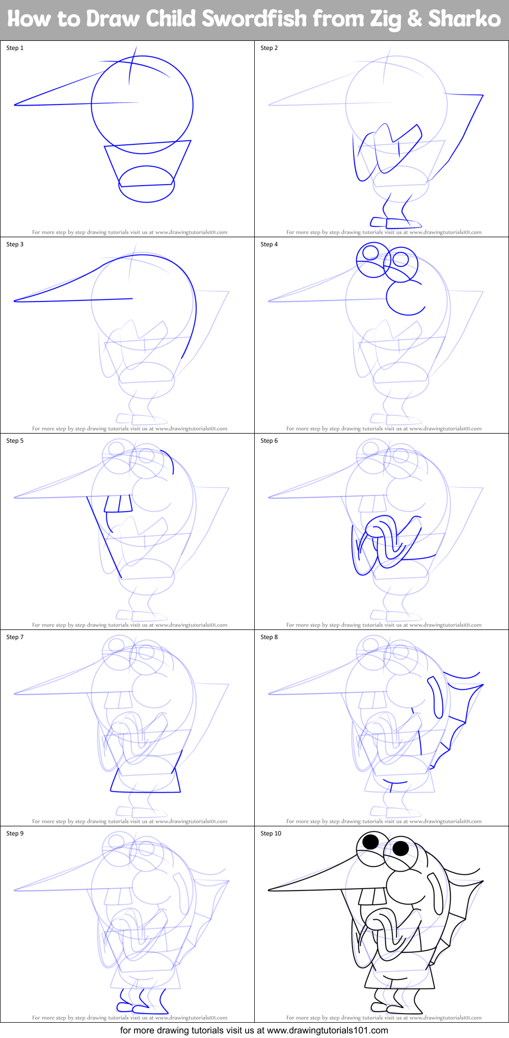 How to Draw Child Swordfish from Zig & Sharko (Zig & Sharko) Step by ...