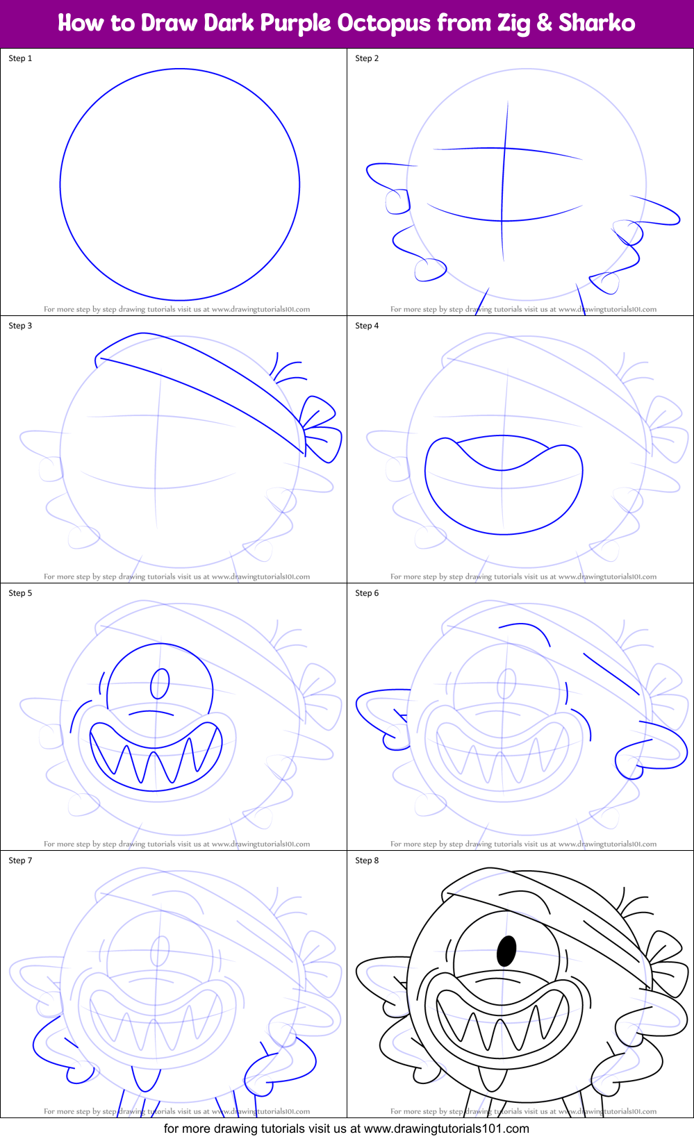 How to Draw Dark Purple Octopus from Zig & Sharko (Zig & Sharko) Step ...