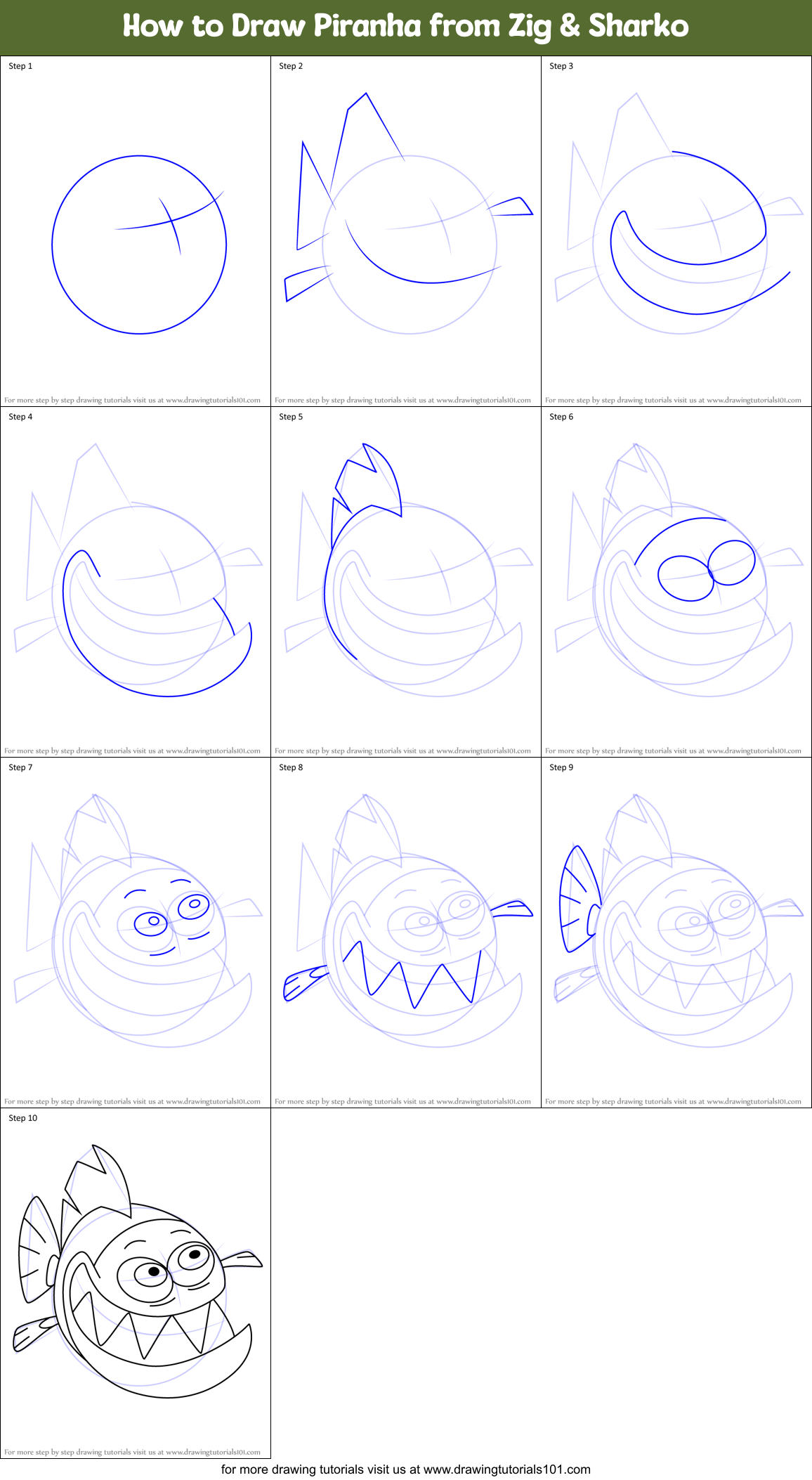 How to Draw Piranha from Zig & Sharko (Zig & Sharko) Step by Step ...