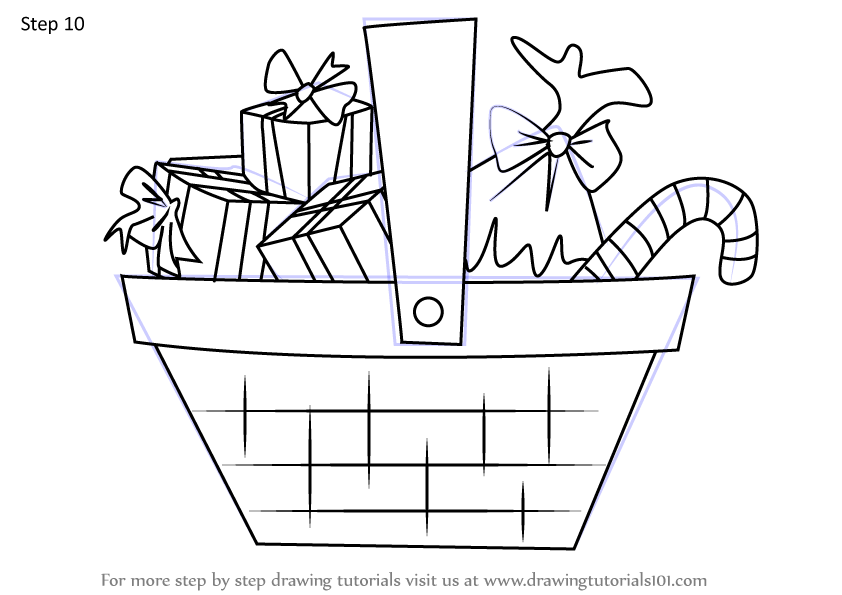 How to Draw Basket Full of Presents and Candy Canes (Christmas) Step by ...