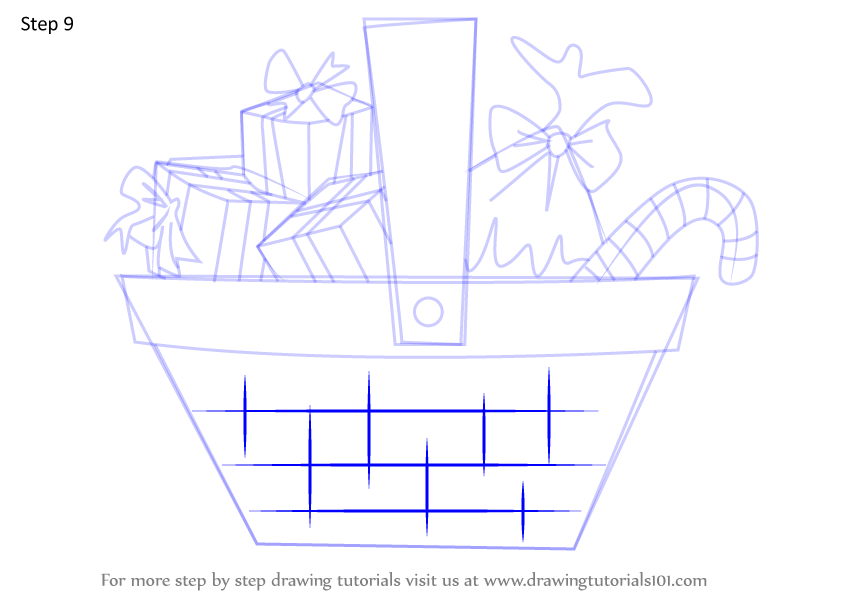 How to Draw Basket Full of Presents and Candy Canes (Christmas) Step by ...