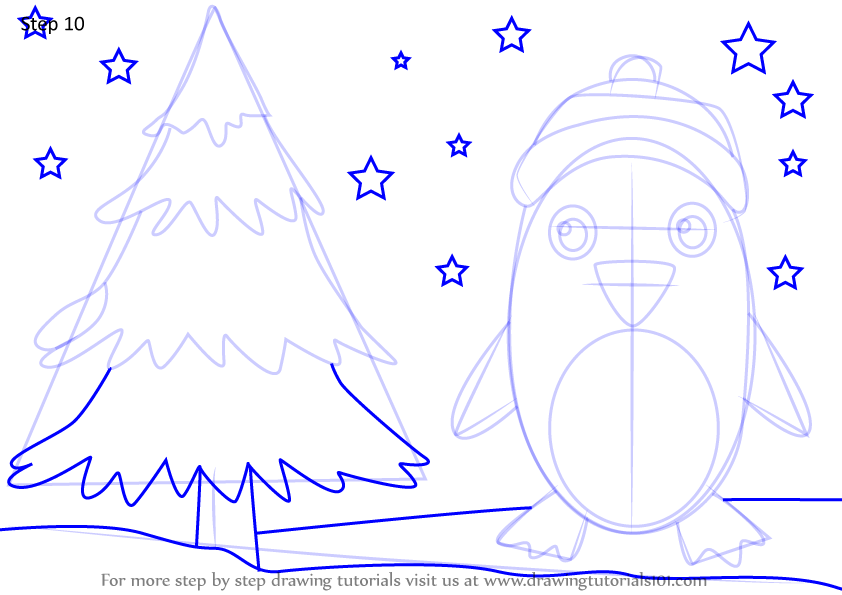How to Draw Penguin with Christmas Tree (Christmas) Step by Step ...