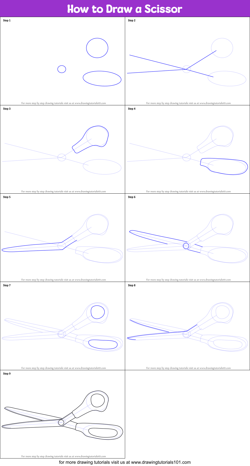 How to Draw a Scissor (Everyday Objects) Step by Step | DrawingTutorials101.com
